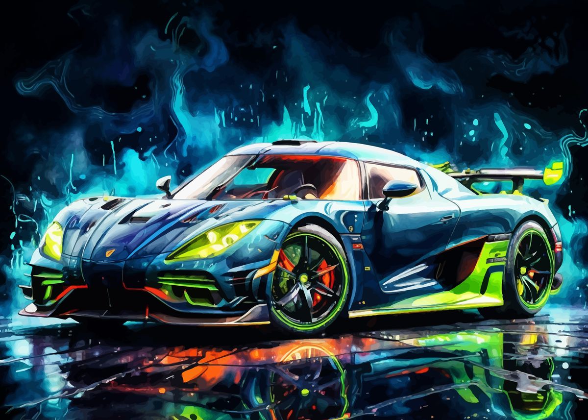 'Blue Koenigsegg Jesko with Neon Lights' Poster, picture, metal print ...