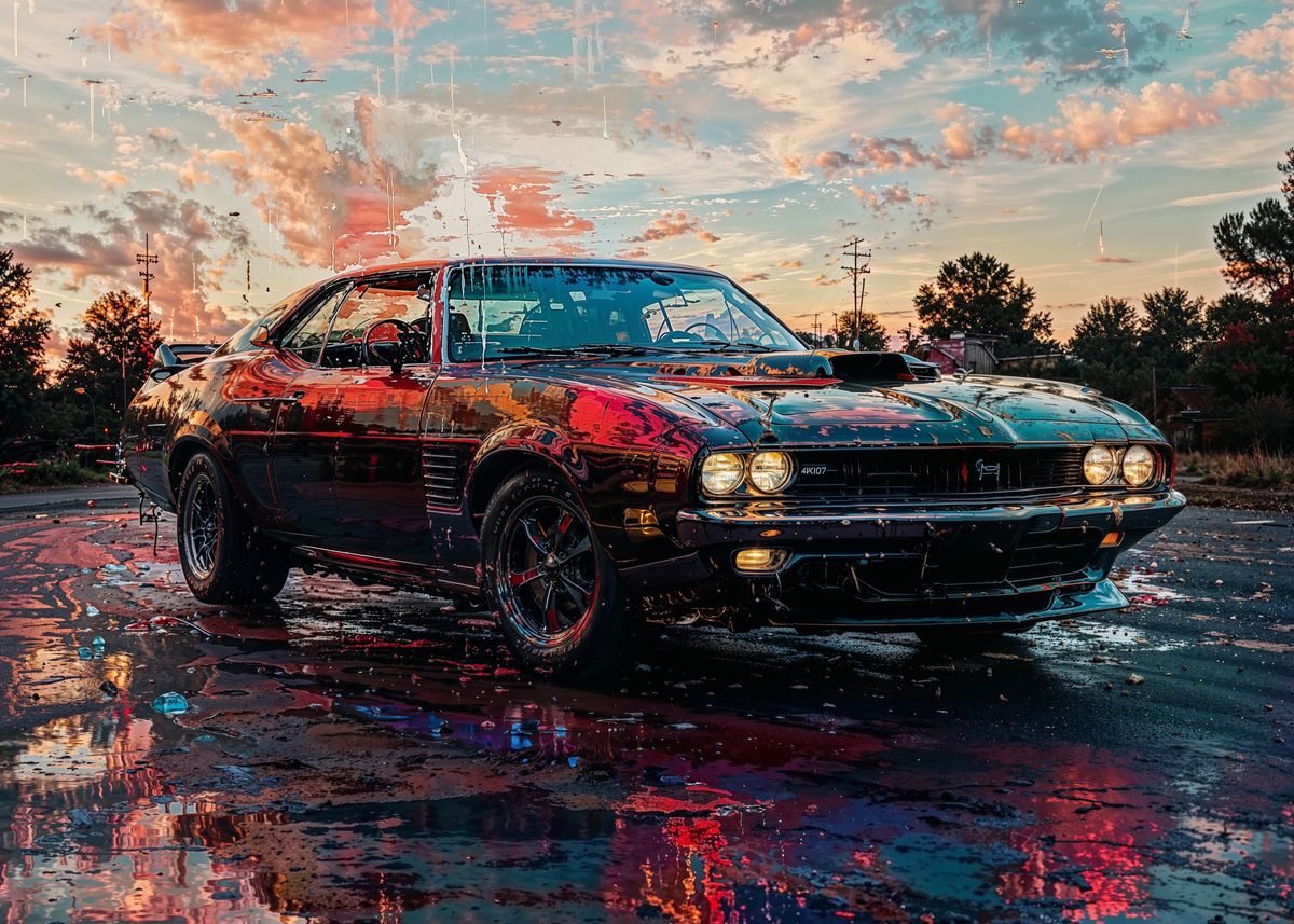 'Classic Car Sunset' Poster, picture, metal print, paint by ...