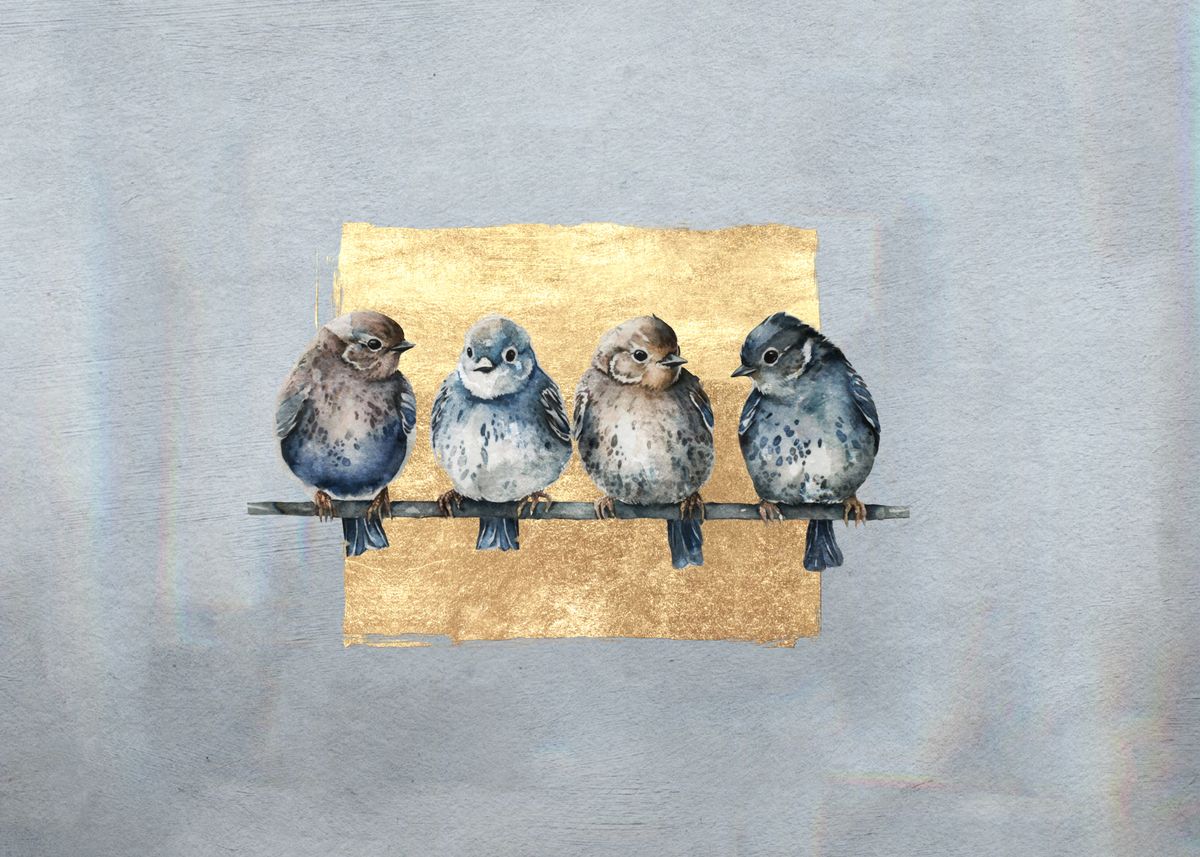 'Four Bluebirds on Branch' Poster, picture, metal print, paint by ...