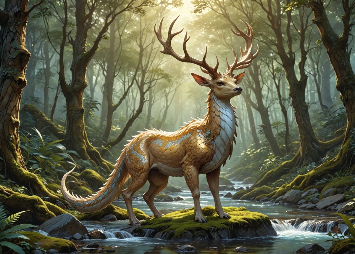 'Draconic Golden Deer Creature' Poster, picture, metal print, paint by ...