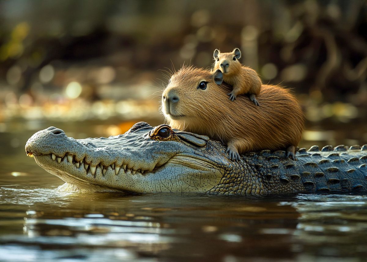 'Capybaras and Alligator' Poster, picture, metal print, paint by Art ...