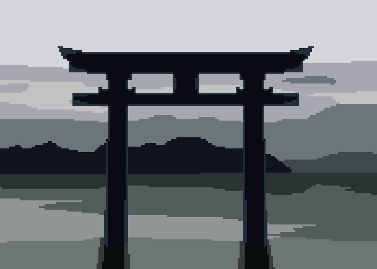 'Japanese Torii Gate BW PIXEL art' Poster, picture, metal print, paint ...