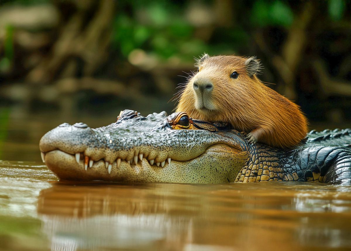'Capybara on Alligator' Poster, picture, metal print, paint by Art and ...