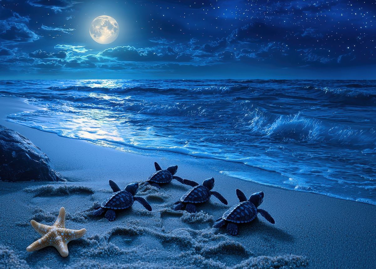'Sea Turtle Hatchlings Under Moonlight' Poster, picture, metal print ...