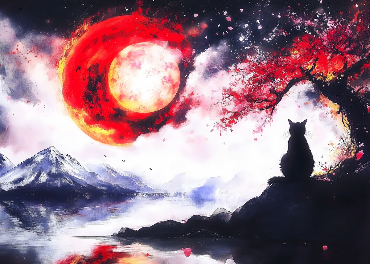 'Black Cat Under Red Moon' Poster, picture, metal print, paint by ...