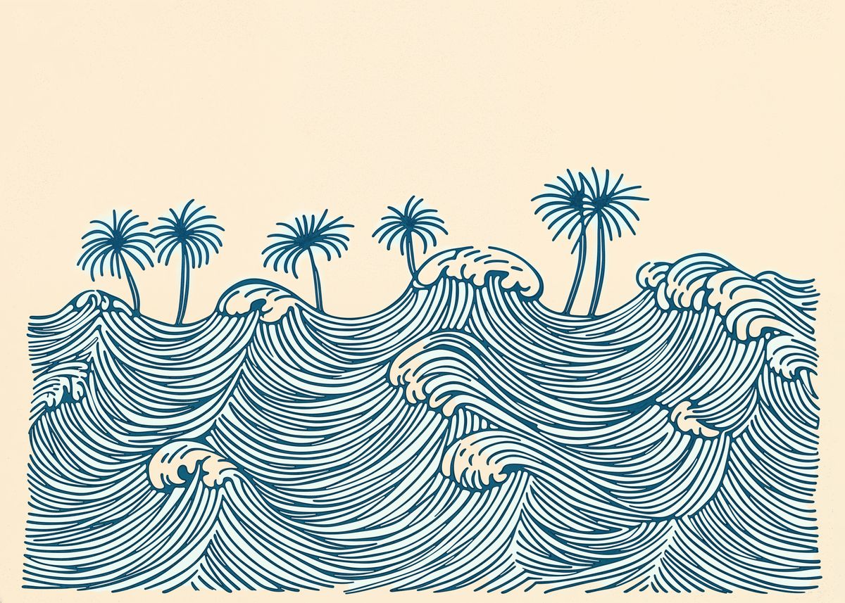 'Palm Trees and Waves Linocut' Poster, picture, metal print, paint by ...