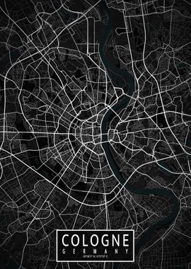'Cologne City Map Dark' Poster, picture, metal print, paint by deMAP ...