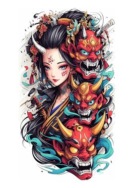 'Geisha with Oni Masks' Poster, picture, metal print, paint by londho ...