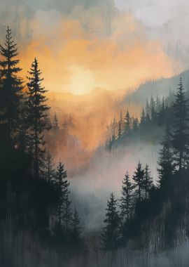 'Misty Forest Sunset' Poster, picture, metal print, paint by Tollaru ...