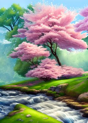 'Cherry Tree by Waterfall' Poster by Max Ronn | Displate