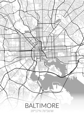 'Baltimore White Black Map' Poster by dkDesign | Displate