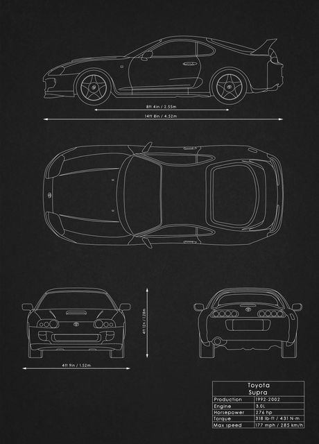 'Toyota Supra Blueprint' Poster, picture, metal print, paint by Iwoko ...