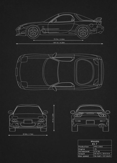 'Mazda RX-7 Blueprint' Poster, picture, metal print, paint by Iwoko ...
