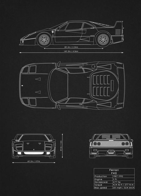 'Ferrari F40 Blueprint' Poster by Iwoko | Displate