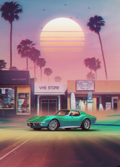 'Synthwave Sunset Drive' Poster by Denny Busyet | Displate