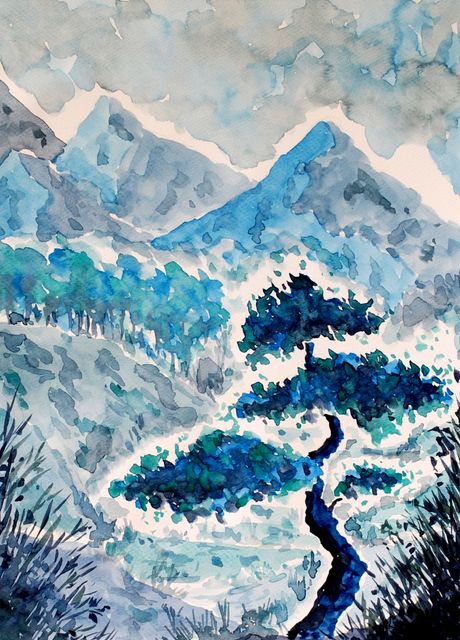 'Blue Watercolor Landscape' Poster by Sebastian Grafmann | Displate