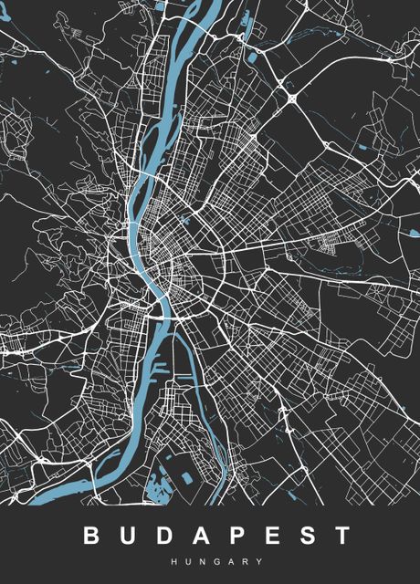 'Map Budapest Hungary Black' Poster, picture, metal print, paint by ...