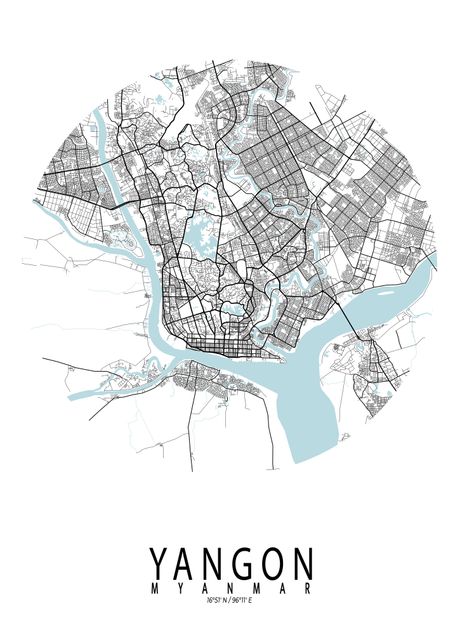 'Yangon City Map Circle' Poster by deMAP Studio | Displate