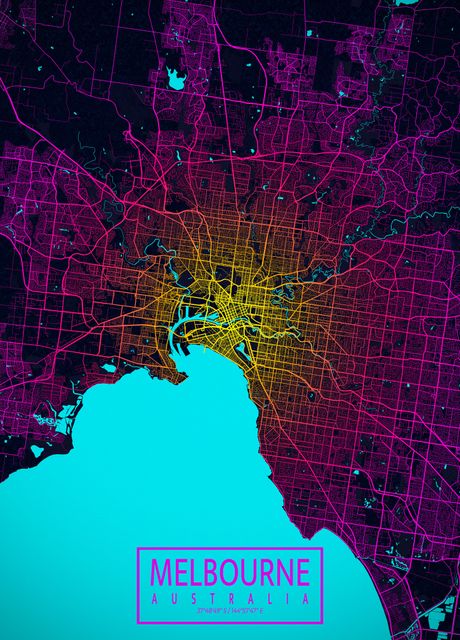 'Melbourne City Map Neon' Poster by deMAP Studio | Displate