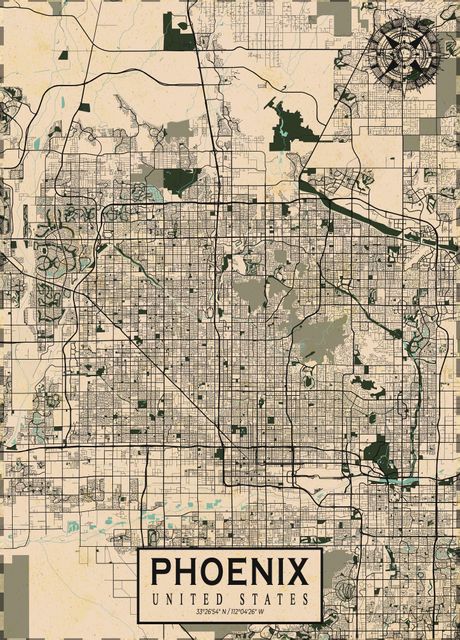 'Phoenix City Map Vintage' Poster, picture, metal print, paint by deMAP ...