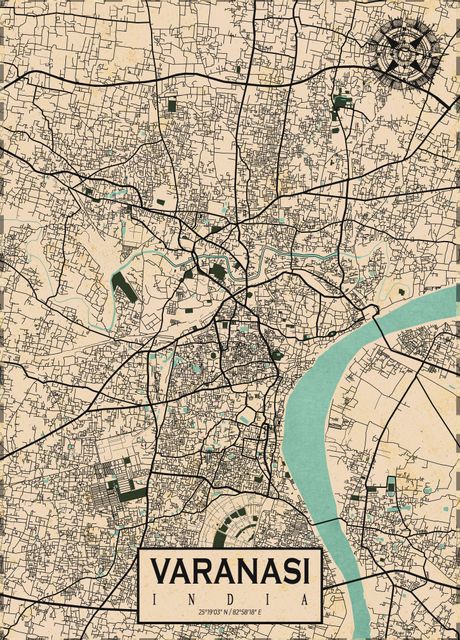 'Varanasi City Map Vintage' Poster by deMAP Studio | Displate
