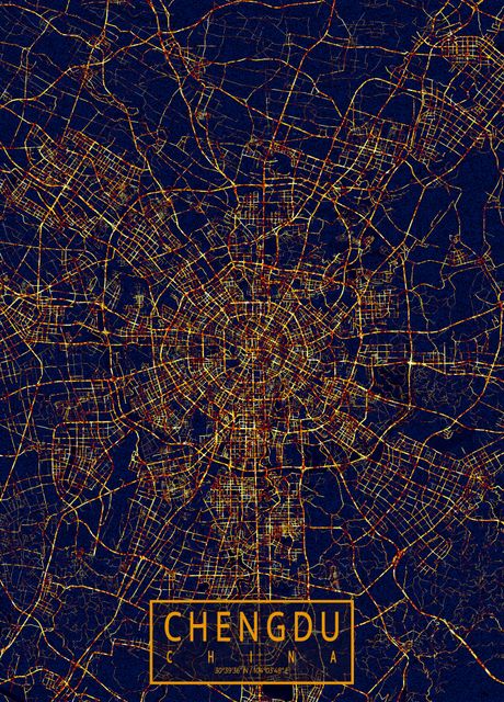 'Chengdu Map City At Night' Poster by deMAP Studio | Displate