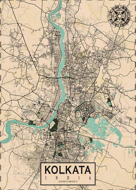 'Kolkata City Map Vintage' Poster, picture, metal print, paint by deMAP ...