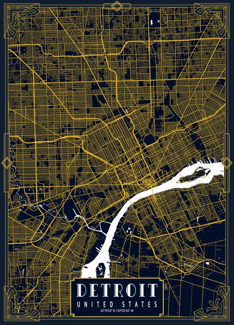 'Detroit City Map Gold' Poster, picture, metal print, paint by deMAP ...