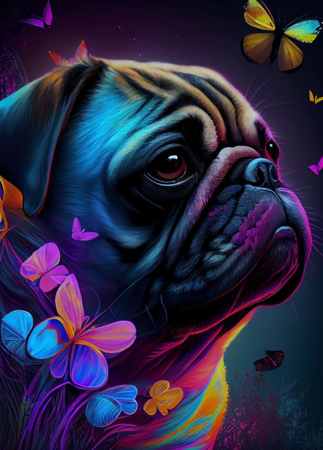'psychedelic pug dog neon' Poster by siumn elly | Displate