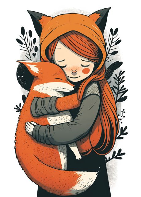 'Girl and Fox Hug Cute' Poster, picture, metal print, paint by hassen ...
