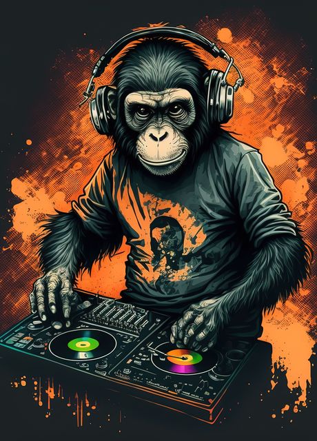 'Monkey headphone dj music' Poster by MatiasCurrie | Displate