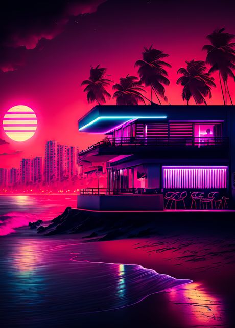 'Neon Fantasy Beach Bar' Poster by Brax Rice | Displate
