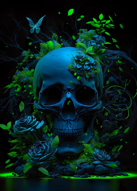 'Blue Skull green Flowers' Poster by Dennex | Displate