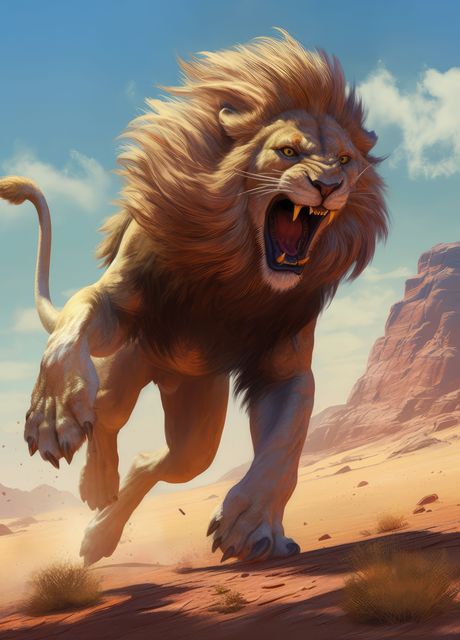 'Lion on the Desert Run' Poster by Digital Punishment | Displate