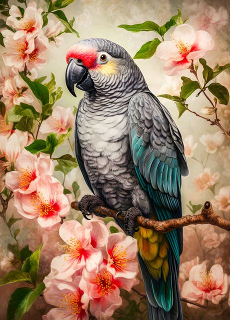 'Parrot with flowers' Poster by Alan Frijns | Displate