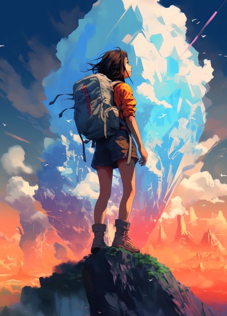 'Anime Backpack Girl Hiking' Poster by Wanderlust Backpacker | Displate
