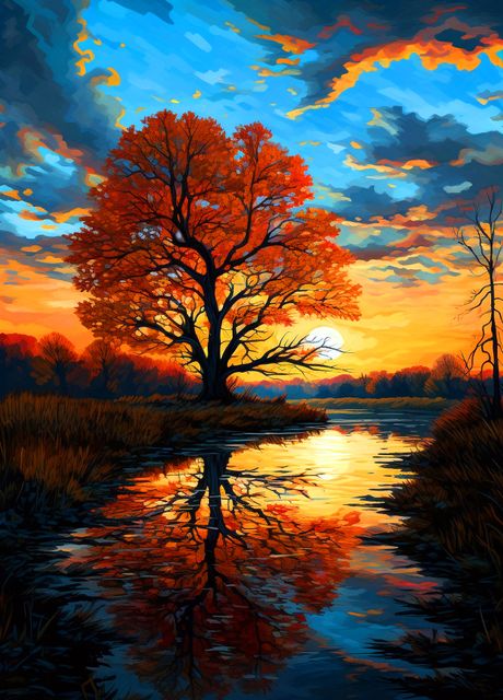 'Tree by Sunset in Autumn' Poster by Max Ronn | Displate