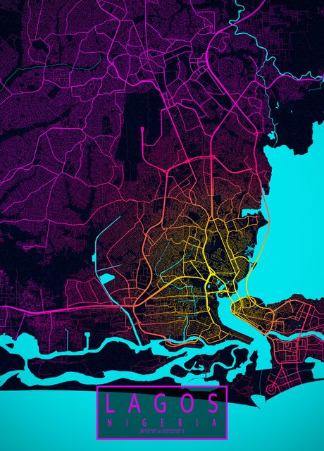'Lagos City Map Neon' Poster by deMAP Studio | Displate