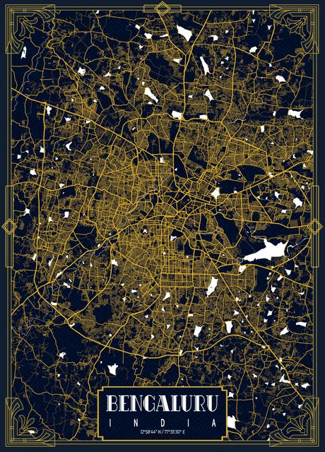 'Bangalore Map Art Deco' Poster, picture, metal print, paint by deMAP ...