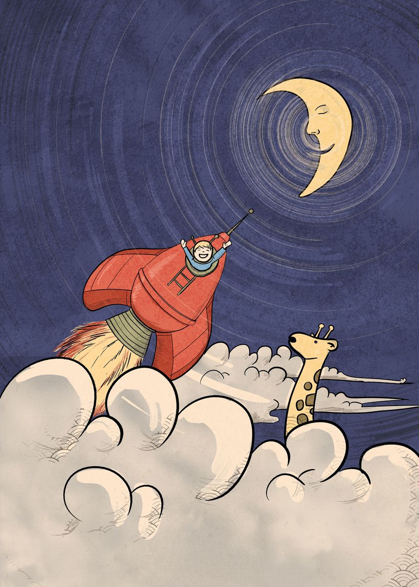 'Kid flying off to space with his built rocket. The gira ... ' Poster ...
