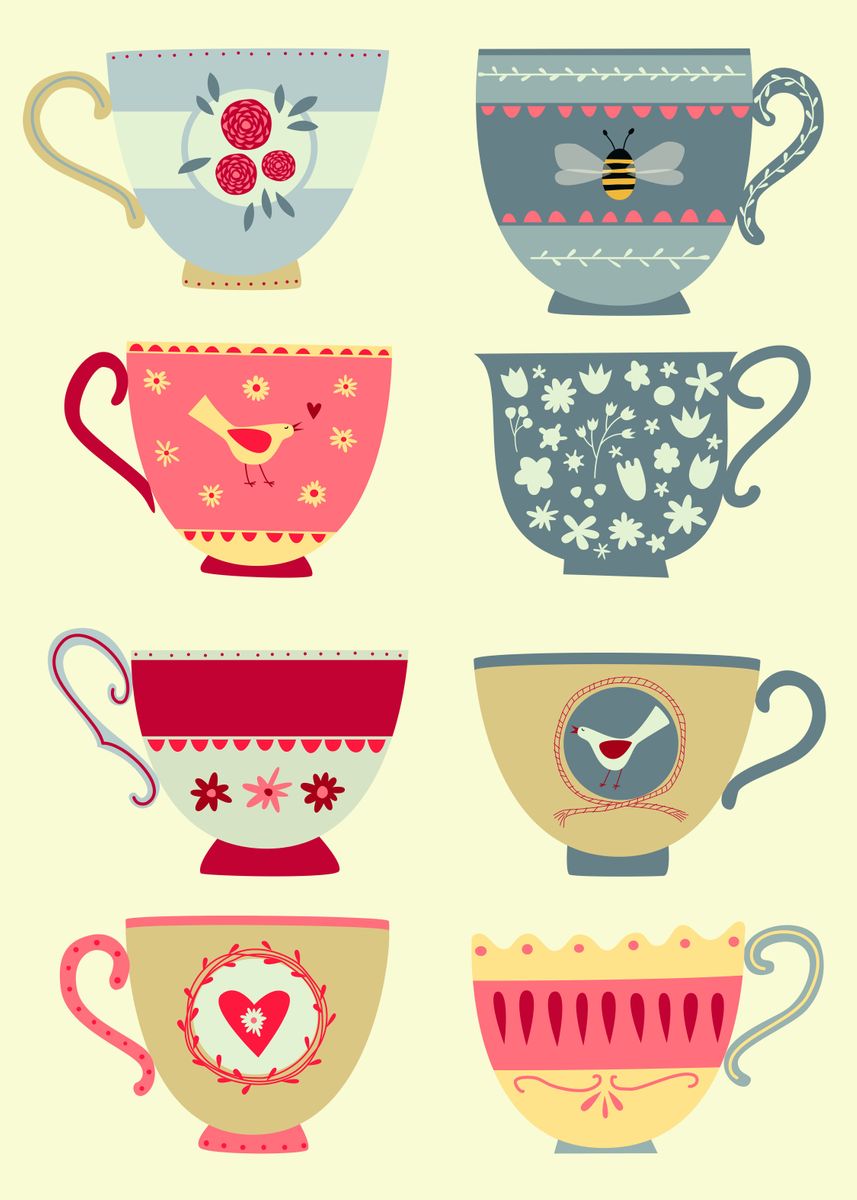 'Tea Cups on Yellow' Poster, picture, metal print, paint by Nic ...
