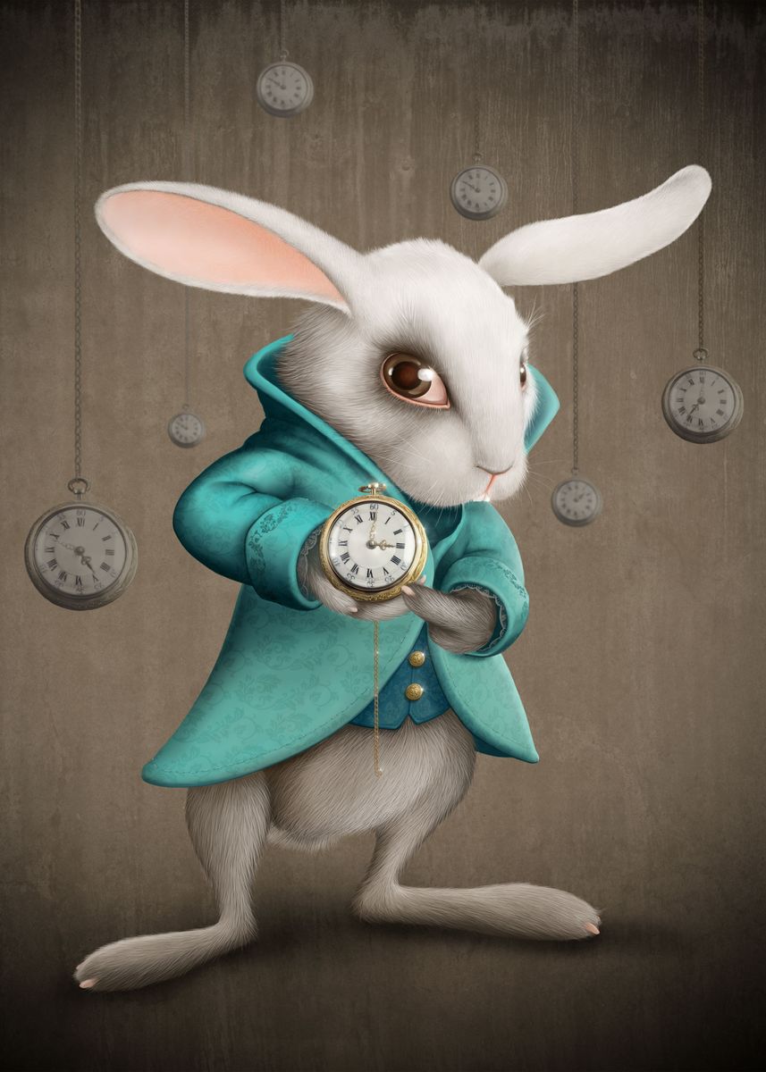 'White rabbit and the clocks' Poster, picture, metal print, paint by ...