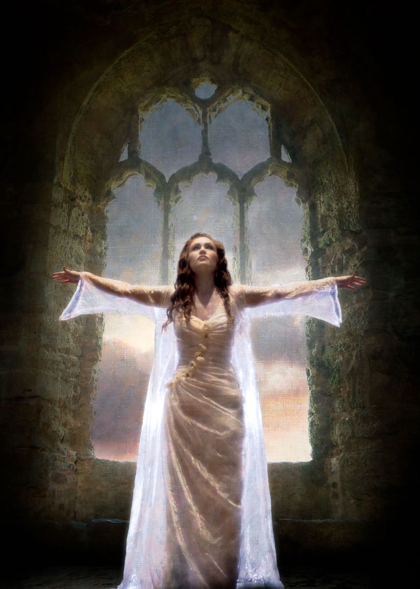 'A young woman stands with her arms outstretched wearing ... ' Poster ...