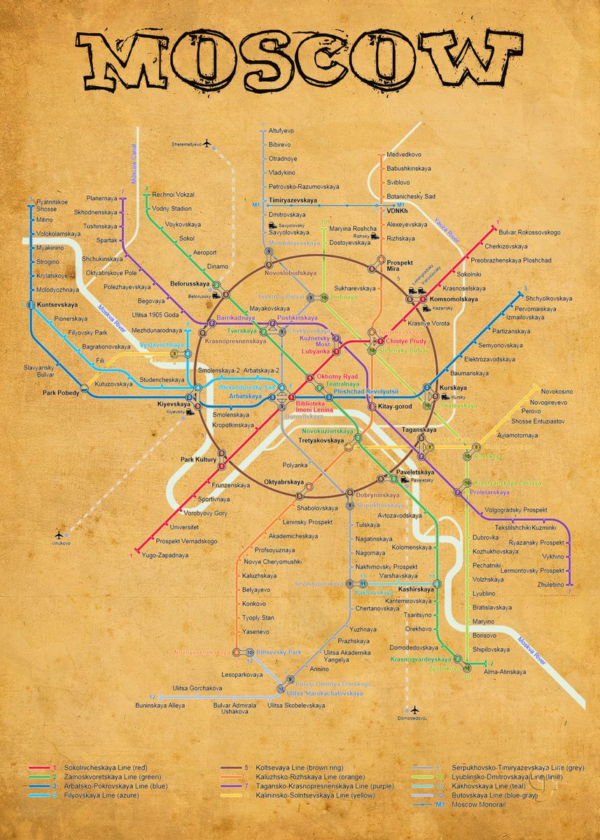 'Metro Moscow vintage looking map' Poster, picture, metal print, paint ...