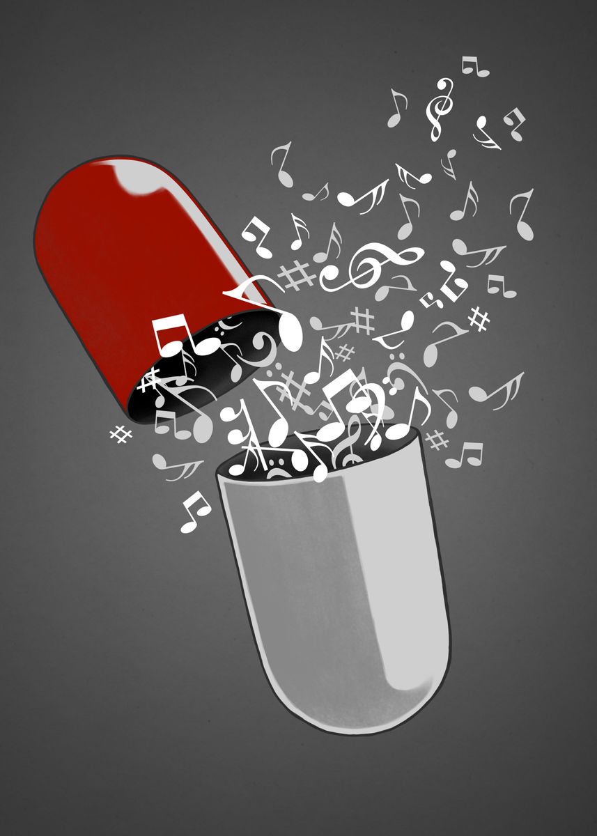'Music Pill' Poster, picture, metal print, paint by Angrymonk | Displate
