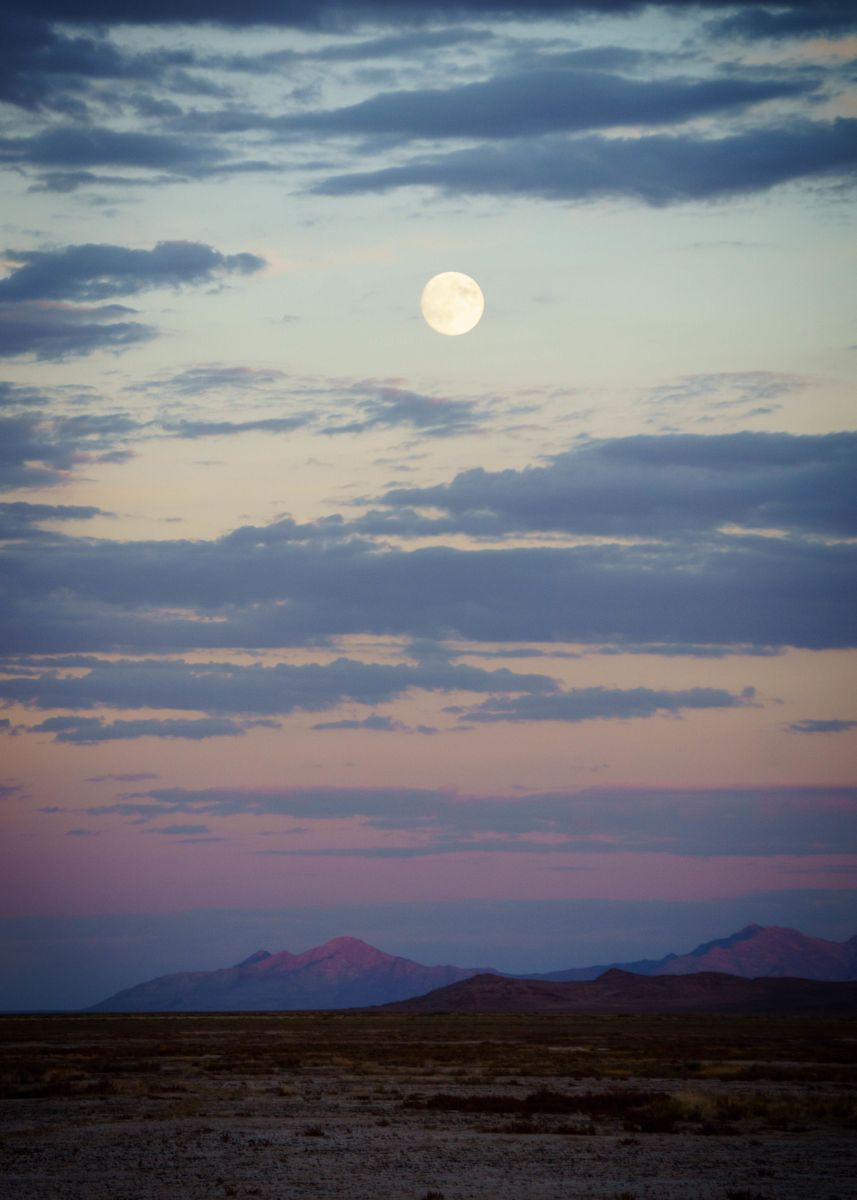 'the moon rises over mountains in the desert.' Poster, picture, metal ...