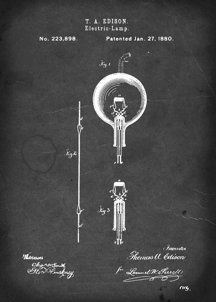 'Electric-Lamp - Patent by T. A. Edison - 1880' Poster, picture, metal ...