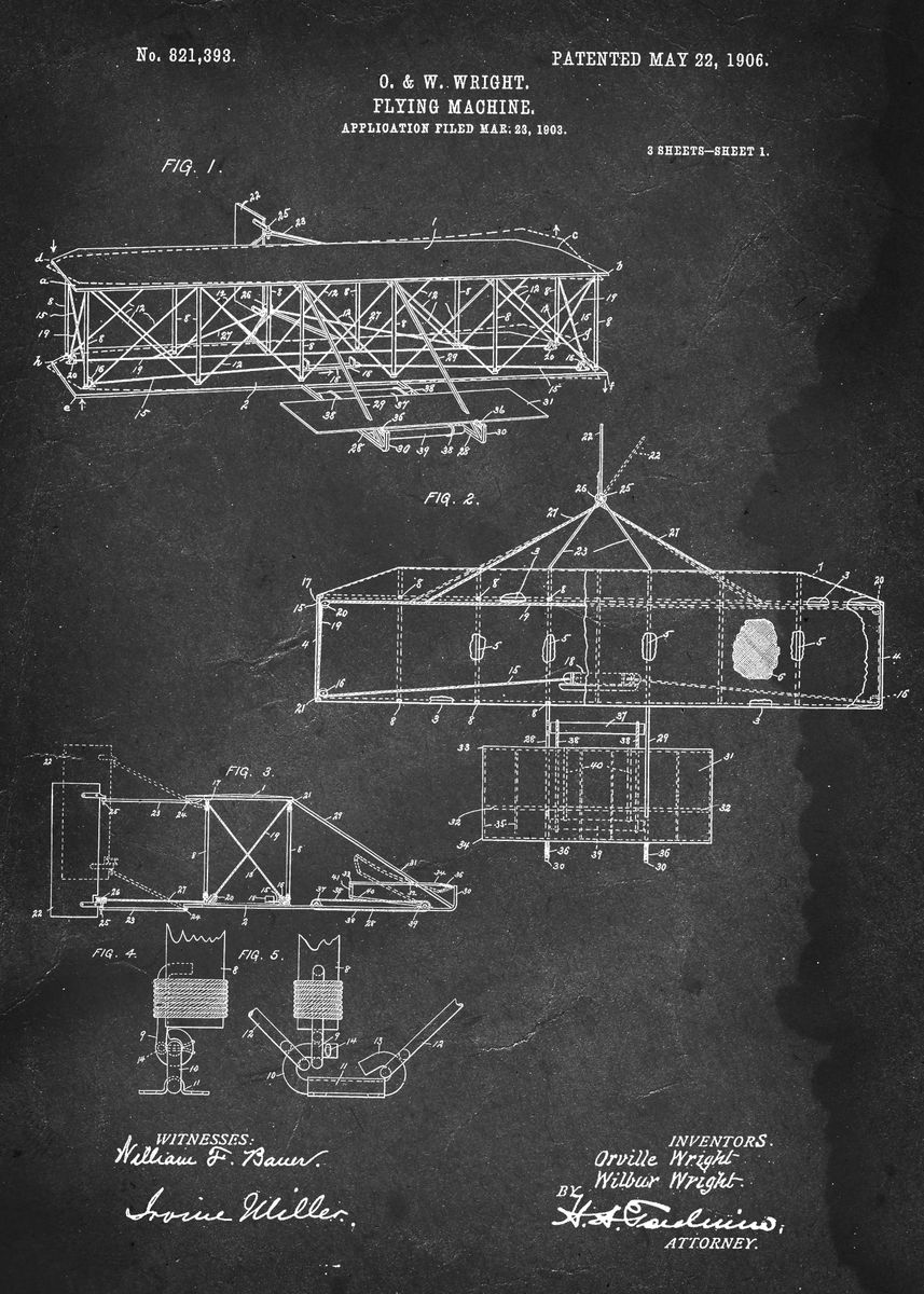 'Flying Machine - Patent by O. & W. Wright - 1906' Poster, picture ...