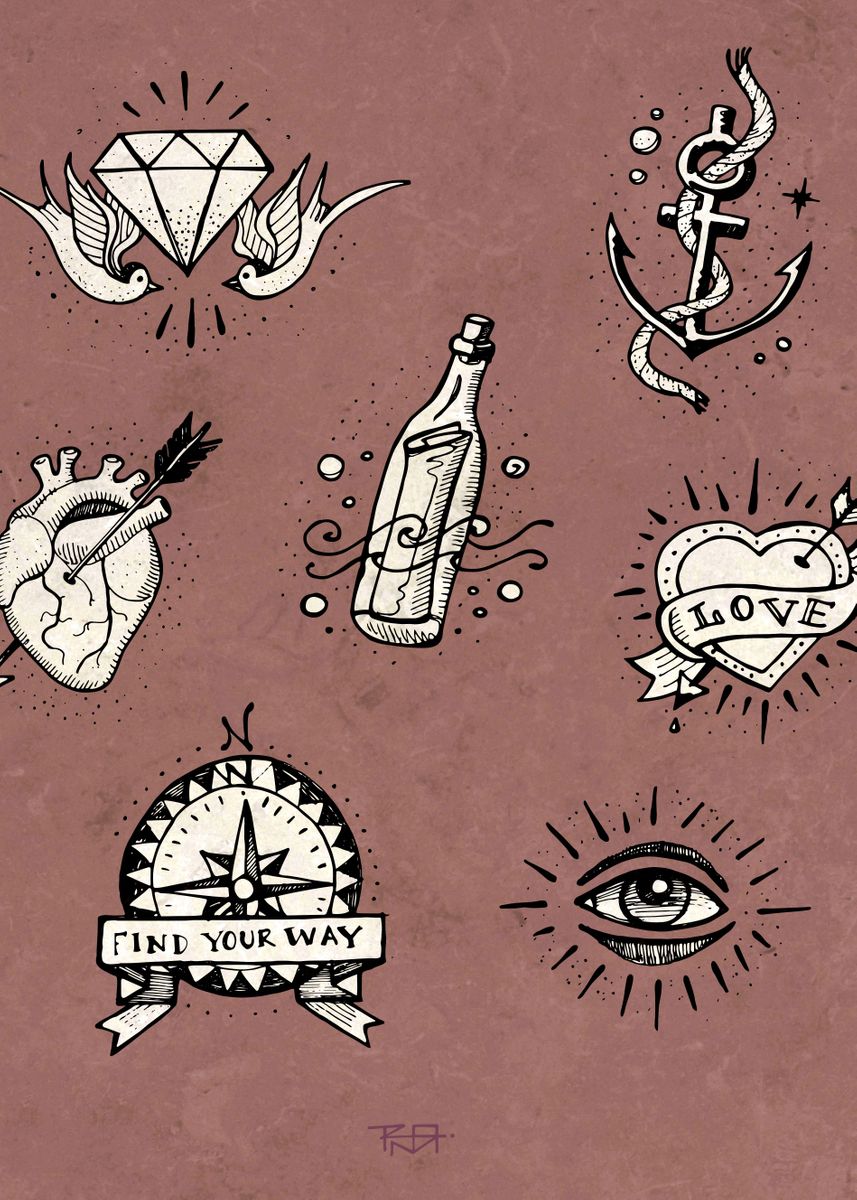 'Hand drawn illustration or drawing of different old sch ... ' Poster ...