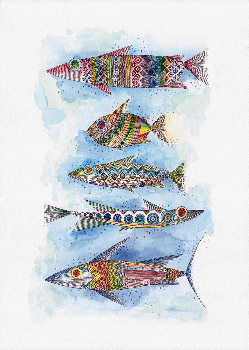 'five fish' Poster, picture, metal print, paint by Det Tidkun | Displate